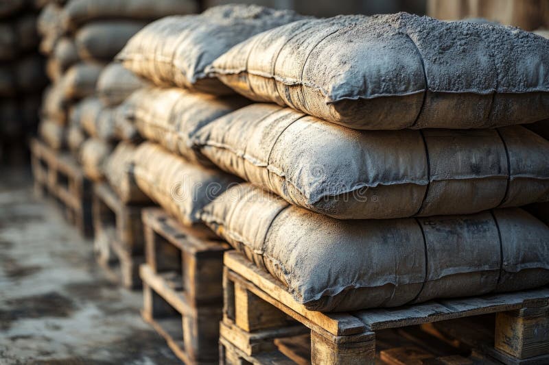 Numerous Sacks of Cement Sit on Wooden Pallets, Awaiting Use in a ...