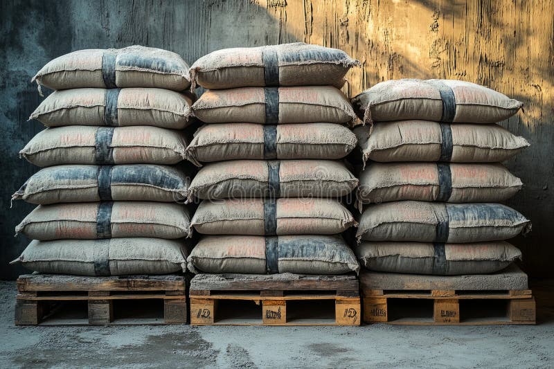 Numerous Sacks of Cement Sit on Wooden Pallets, Awaiting Use in a ...