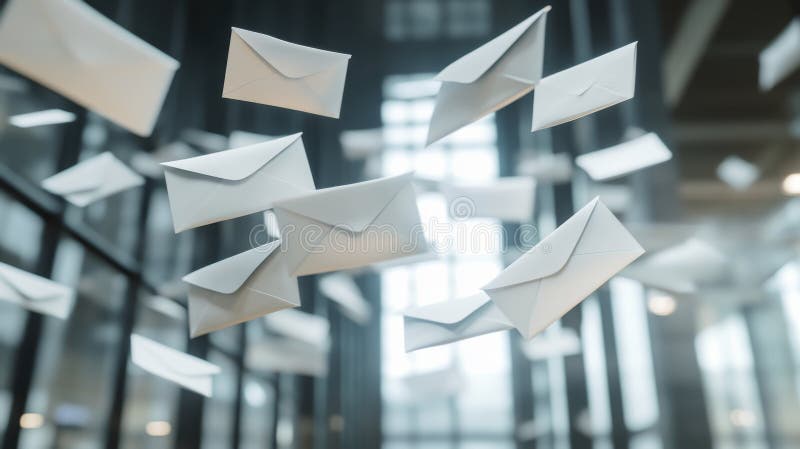 White Envelopes Floating in Blurred Industrial Interior Stock ...