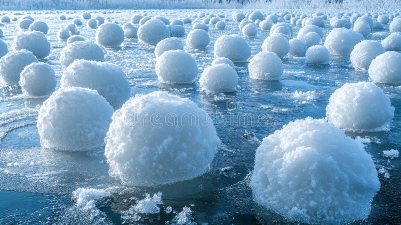 Numerous White Snowballs on a Frozen Blue Lake Stock Illustration ...