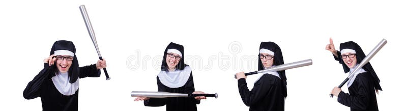 The Nun with Baseball Bat on White Stock Photo - Image of pray ...