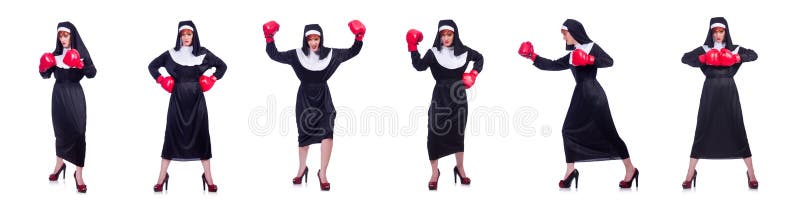 The Nun with Boxing Gloves Isolated on White Stock Photo - Image of ...