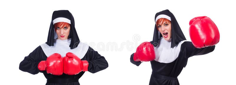 The Nun with Boxing Gloves Isolated on White Stock Image - Image of ...
