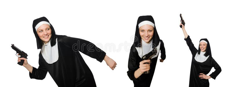 The Nun with Handgun Isolated on White Stock Photo - Image of pious ...