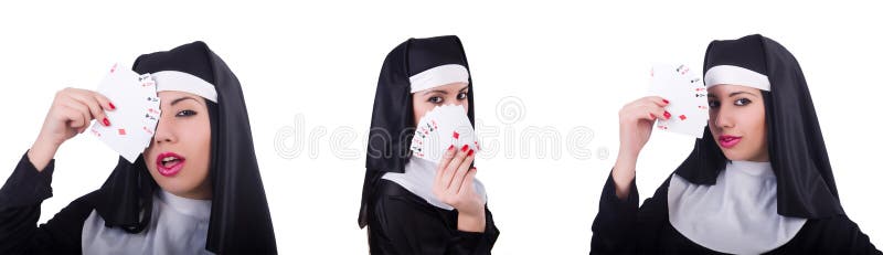 Nun playing cards on white stock photo. Image of christianity - 166071740
