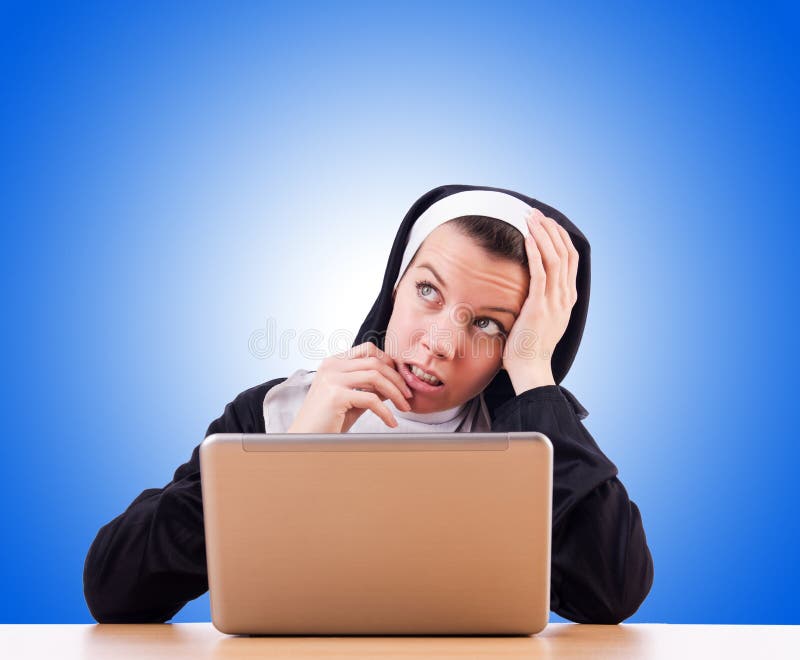 Nun Working on Laptop - Religious Concept Stock Image - Image of black ...