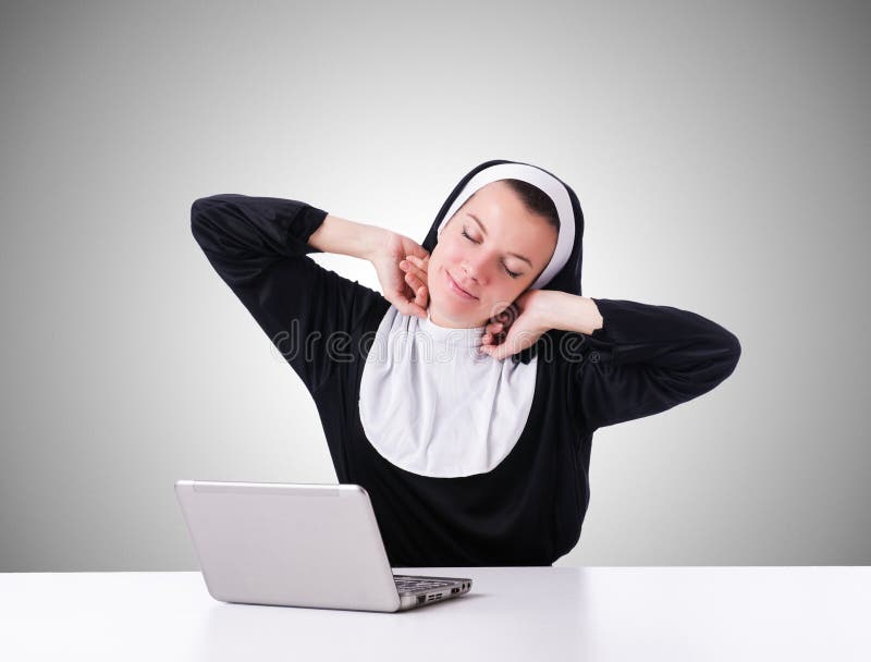 Nun Working on Laptop - Religious Concept Stock Photo - Image of hood ...