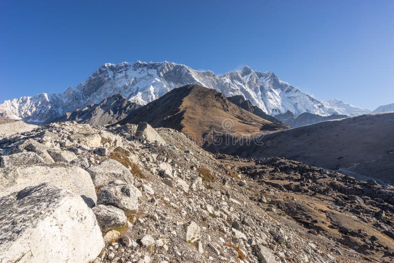 Nuptse Wall and Lhotse Mountain Stock Image - Image of morning, cliff ...