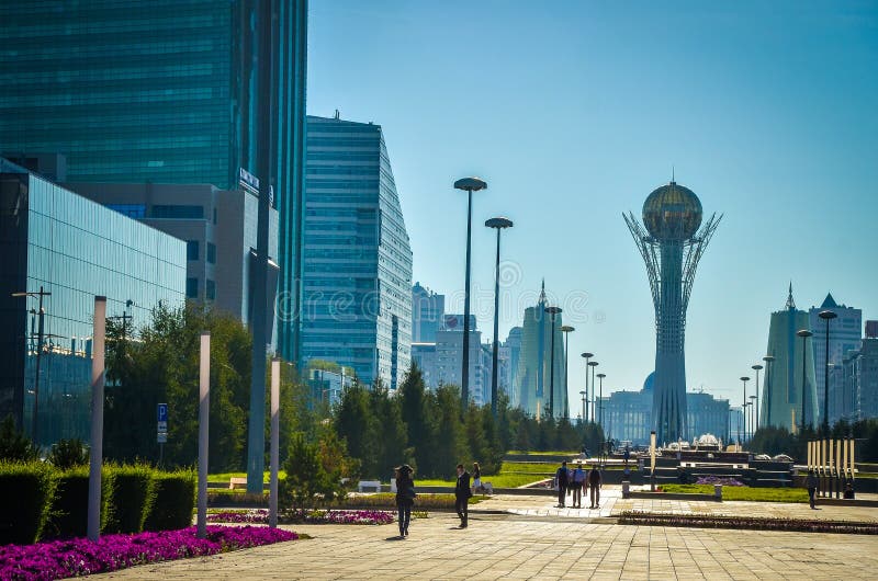 Nur-Sultan. Kazakhstan - 03.09.2013 - Fountain with a Statue of Gold in ...