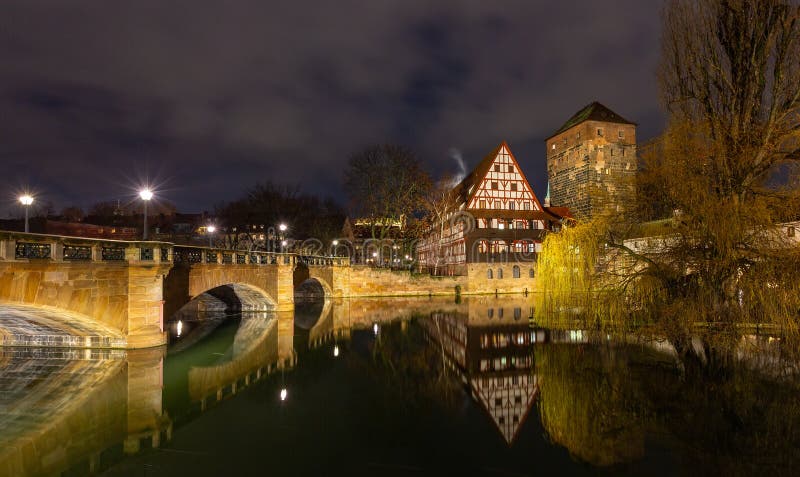Nuremberg. Bridge Over Pegnitz River and Water Tower in Night Stock ...