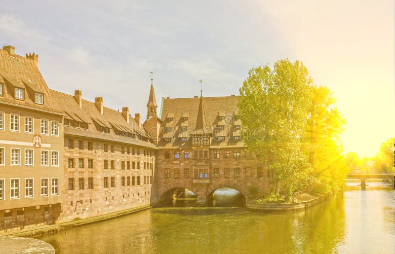 Nuremberg Town Houses Landscape View with Sun Rays, Germany Stock Image ...