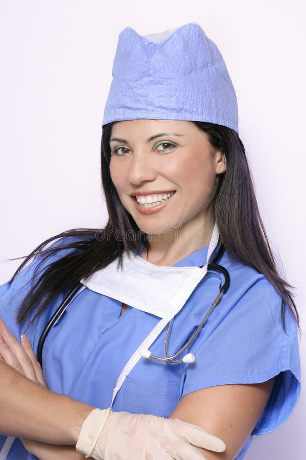 Nurse In A Blue Uniform And A Protective Mask On A Red Background ...
