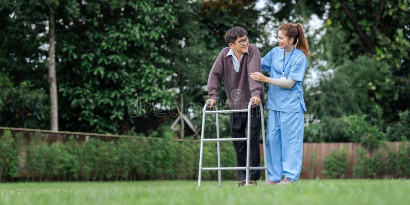 Nurse or Caregiver Helps Elderly Walk by Using Walker in Garden Stock ...