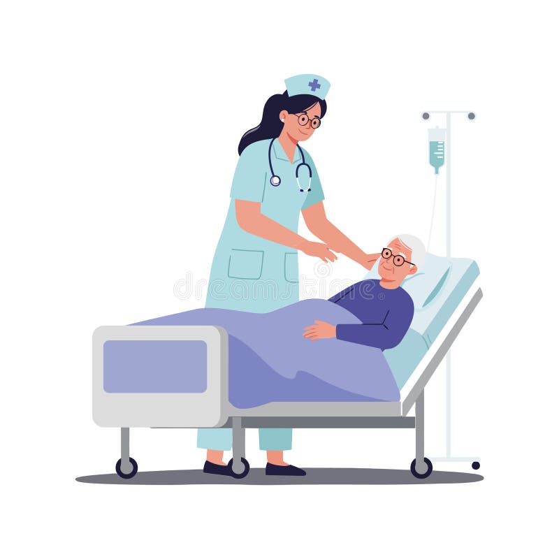 Nurse Caring for Elderly Patient in Hospital Bed with Flat Design ...