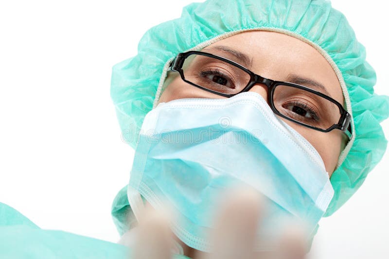 Beautiful Female Doctor in Surgical Scrubs & Mask Stock Photo - Image ...