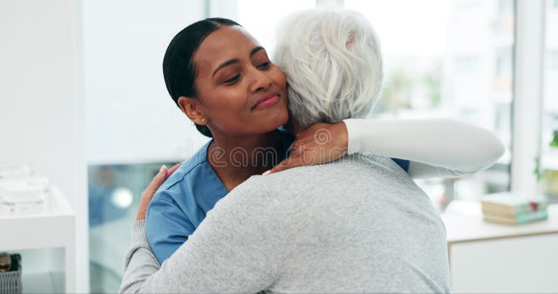 Nurse Hug Old Woman Patient Support And Elderly Care With Health And