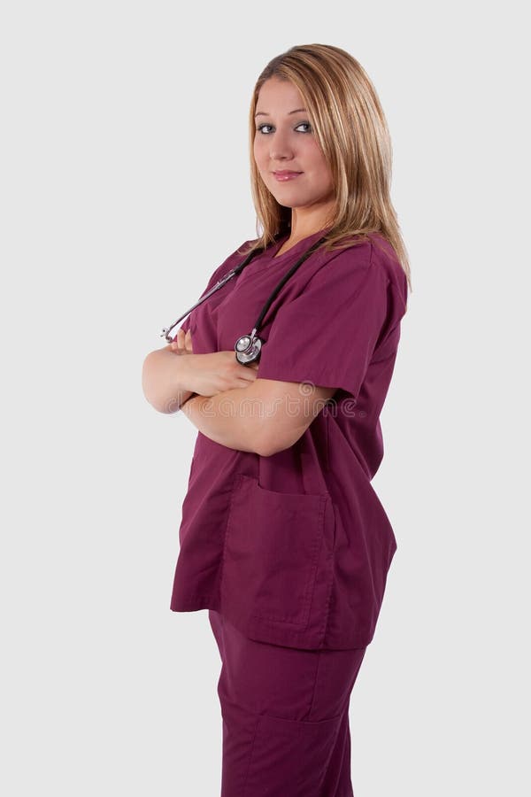 Nurse in maroon Scrubs stock image. Image of smile, healthcare - 11277973