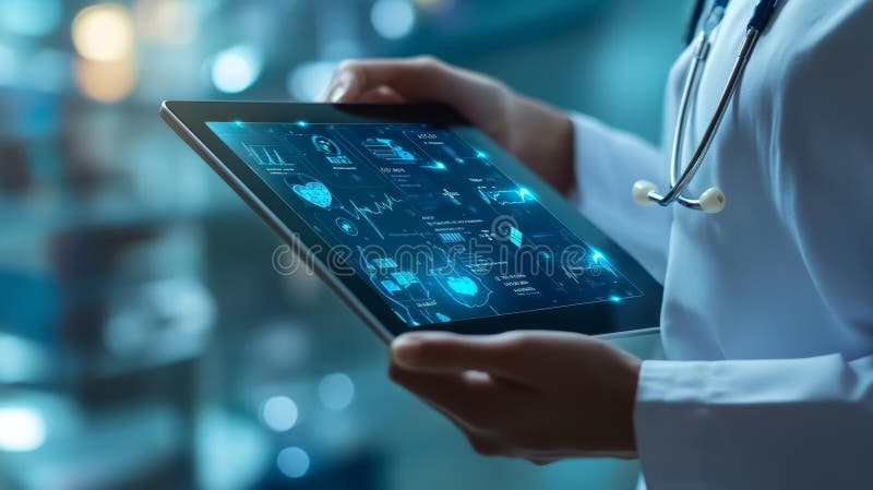 Nurse in Modern Clinic Using Tablet To Track Patient Information Stock ...