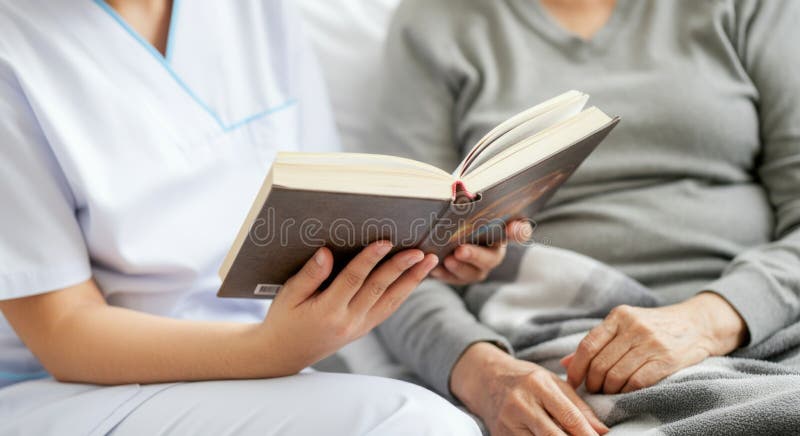 Nurse Reading Book To Elderly Patient in Hospital Setting Stock Image ...