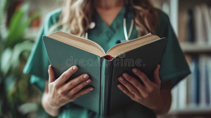 Nurse Reading Medical Textbook in Library Stock Illustration ...
