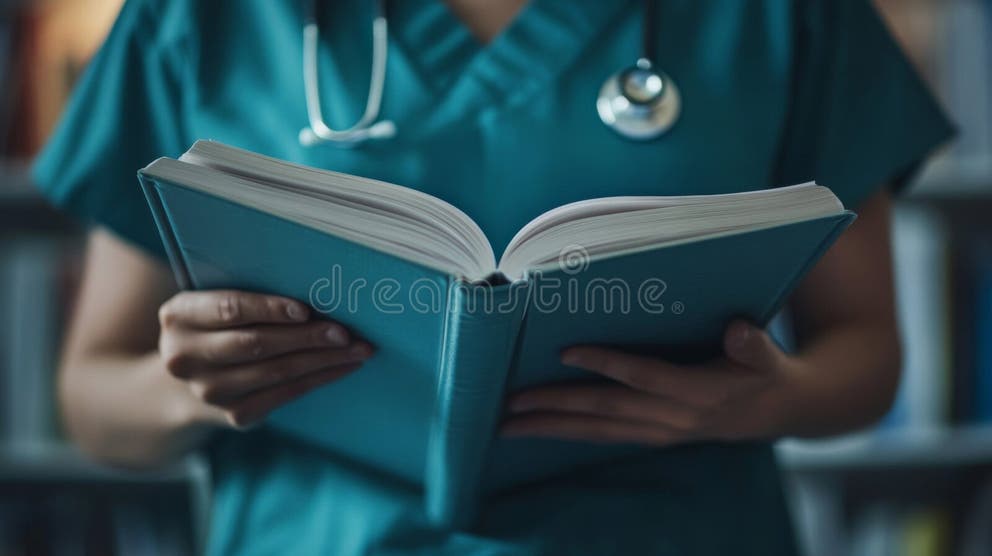 Nurse Reading Medical Textbook in Library Stock Illustration ...