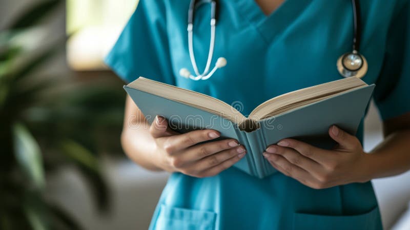 Nurse Reading Medical Textbook in Scrubs Stock Illustration ...
