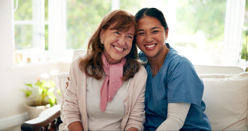Nurse Senior Woman And Hug With Empathy Portrait Support And