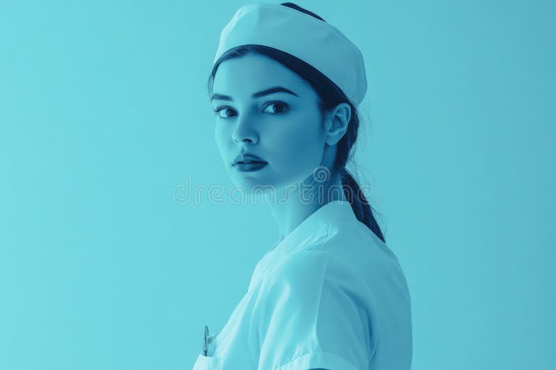 A Nurse in a Clean Minimalist Uniform Poses Quietly Against a Solid ...