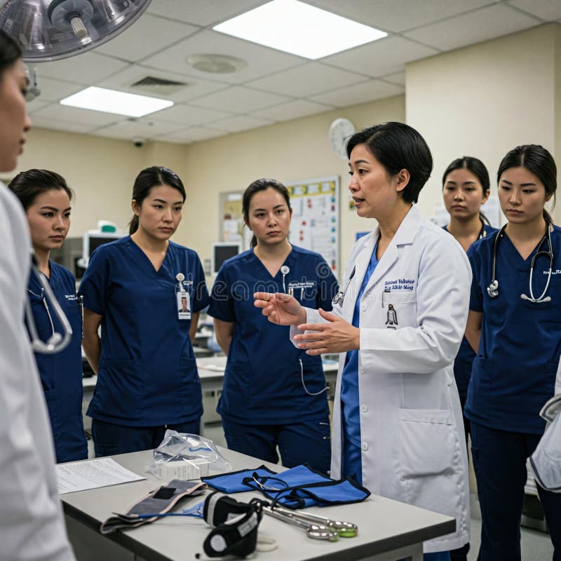 Nurse Teaching Safety Gear Use To Employees Stock Illustration ...