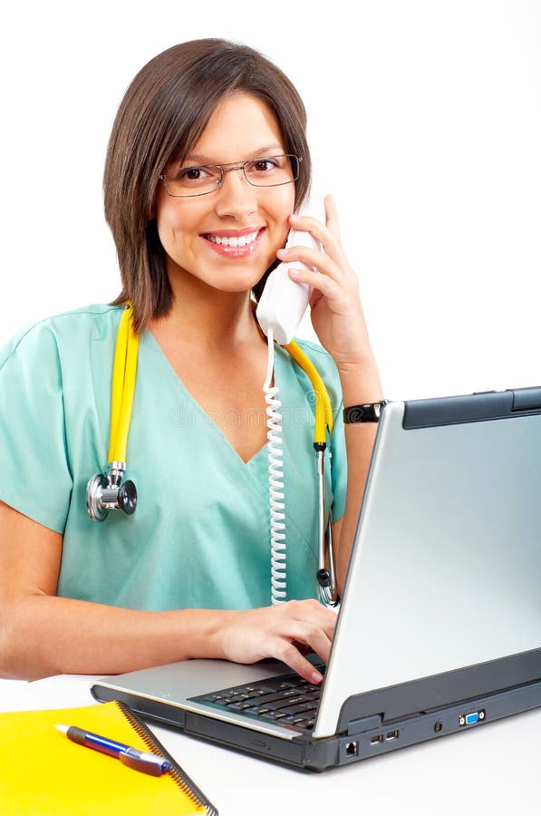 Nurse with Telephone and Laptop Stock Image - Image of clinical ...