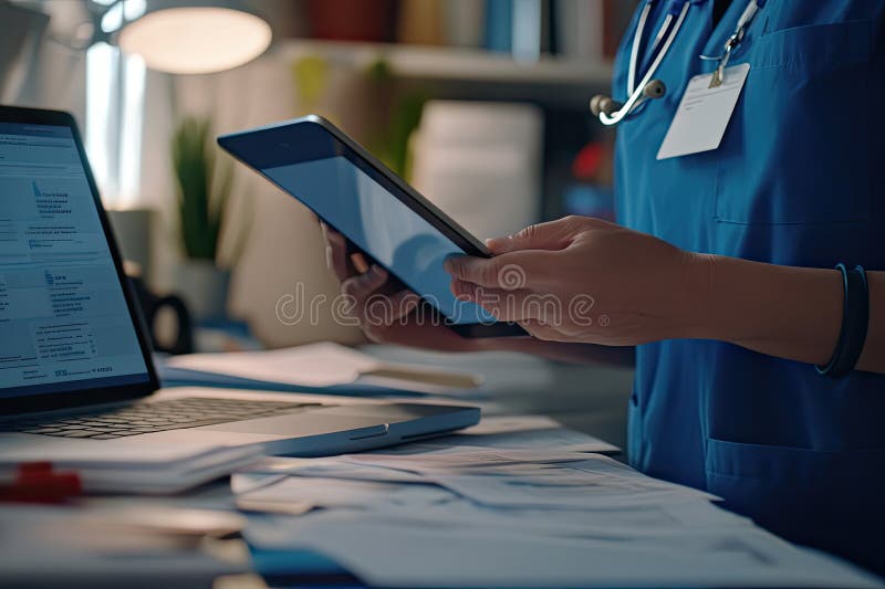 A Nurse Uses a Tablet Computer and Writes on Paper Stock Image - Image ...
