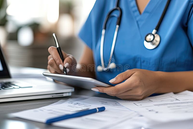 A Nurse Uses a Tablet Computer and Writes on Paper Stock Photo - Image ...