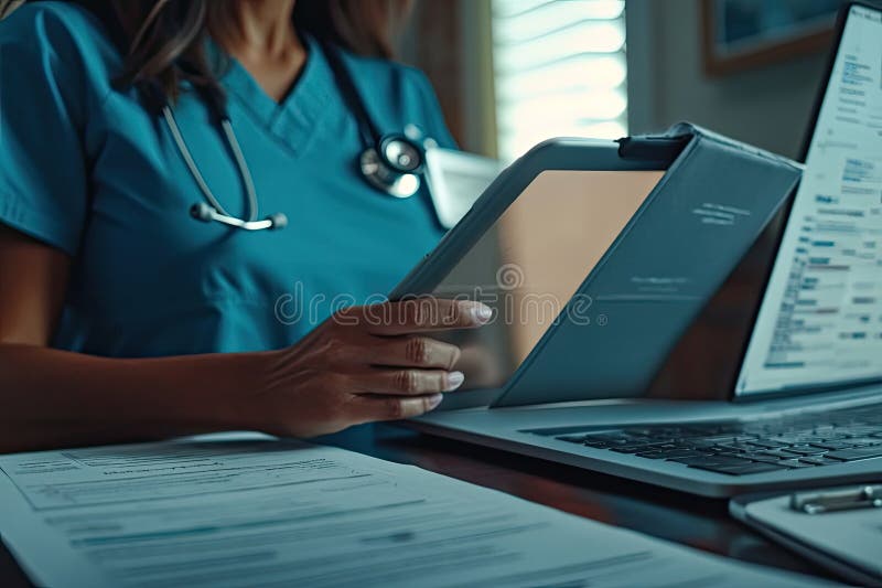 A Nurse Uses a Tablet Computer and Writes on Paper Stock Image - Image ...
