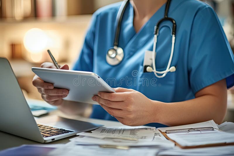 A Nurse Uses a Tablet Computer and Writes on Paper Stock Photo - Image ...