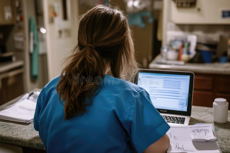 A Nurse Uses a Tablet Computer and Writes on Paper Stock Photo - Image ...