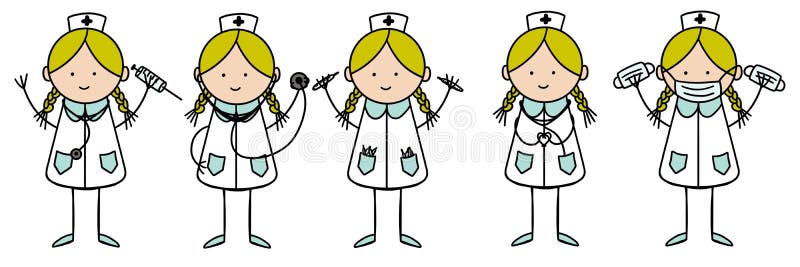 Nurse at Work. Set of Cartoon Illustration of Cheerful Nurse Stock ...
