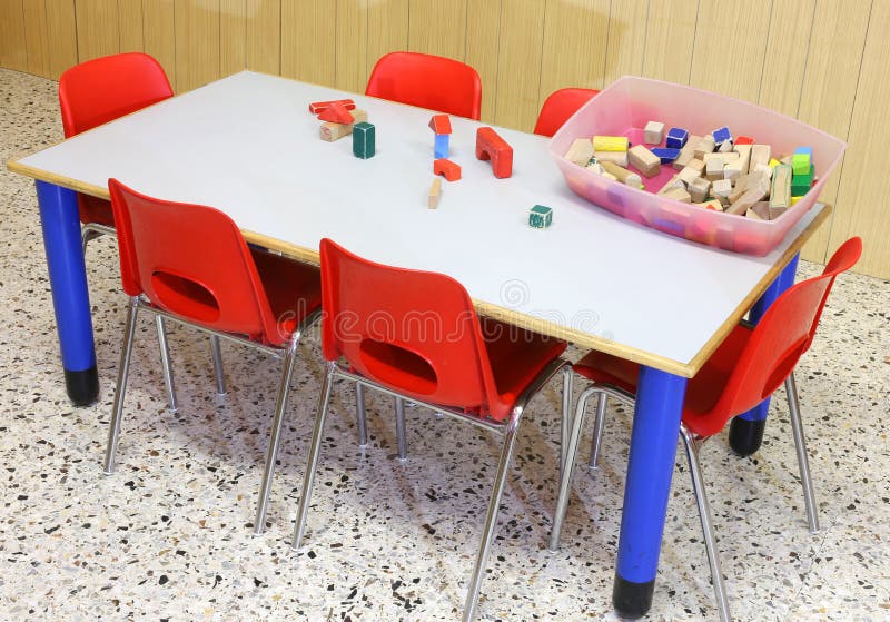 Nursery Class with Wooden Toys on the Table Stock Photo - Image of ...