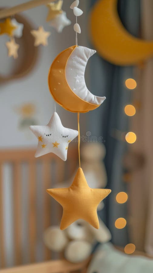 Nursery Mobile with Crescent Moon and Stars Hanging in a Soft-lit Room ...