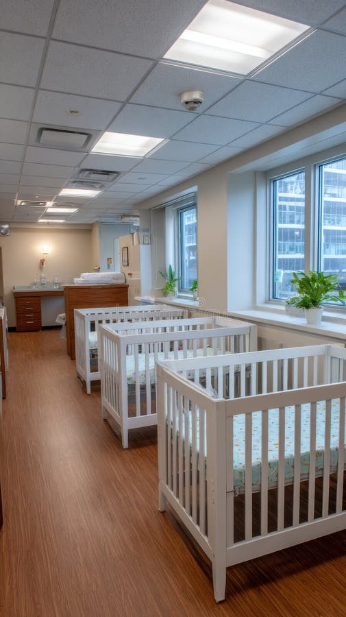 Nursery Room Featuring a Row of White Baby Cribs in a Bright and Clean ...