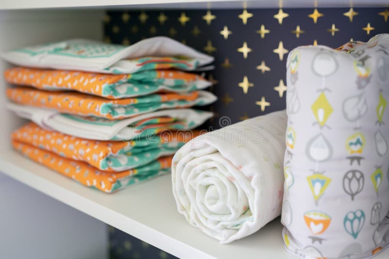 A Nursery Shelf with a Diaper Stack and a Changing Mat Rolled Up Stock ...