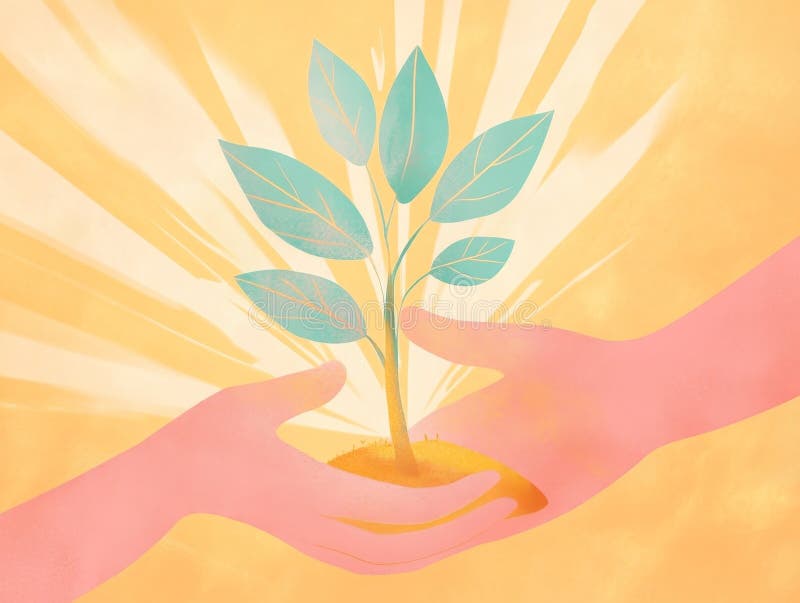 Nurturing Growth: Hands Supporting a Young Plant on a Radiant Yellow ...