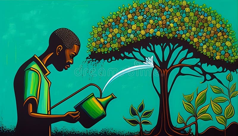 Nurturing Growth: a Man Watering a Young Tree on a Vibrant Green ... Nurturing Growth: a Man Watering a Young Tree on a Vibrant Green ...