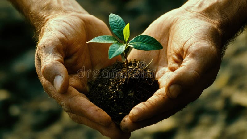 Nurturing Hands Protect a Tiny Tree Sprouting from Rich Soil Against a ...