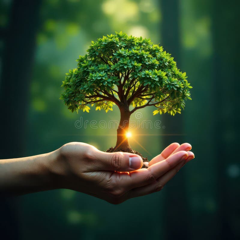 Nurturing Nature: Hand Holding a Tree with Sunlight in Forest Stock ...