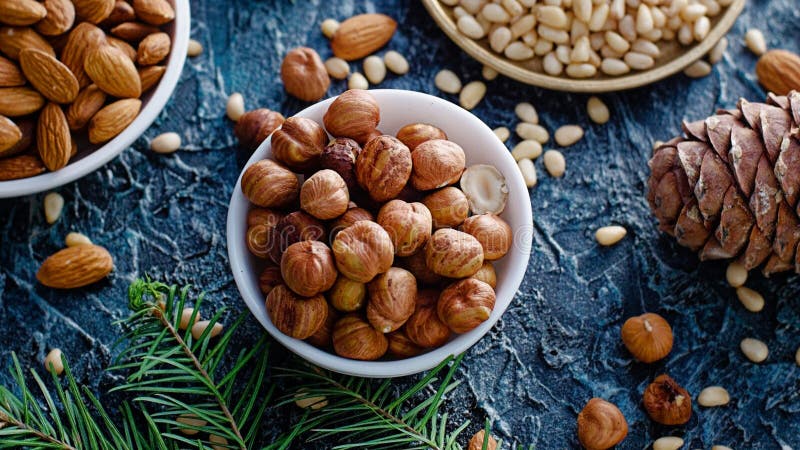 Nut Assortment. Hazelnuts, Almonds, Pine Nuts in Plates Stand on Table ...