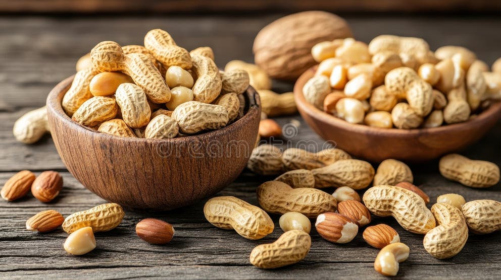 Nut Assortment in Wooden Bowls: Peanuts, Macadamia, Almonds and a ...