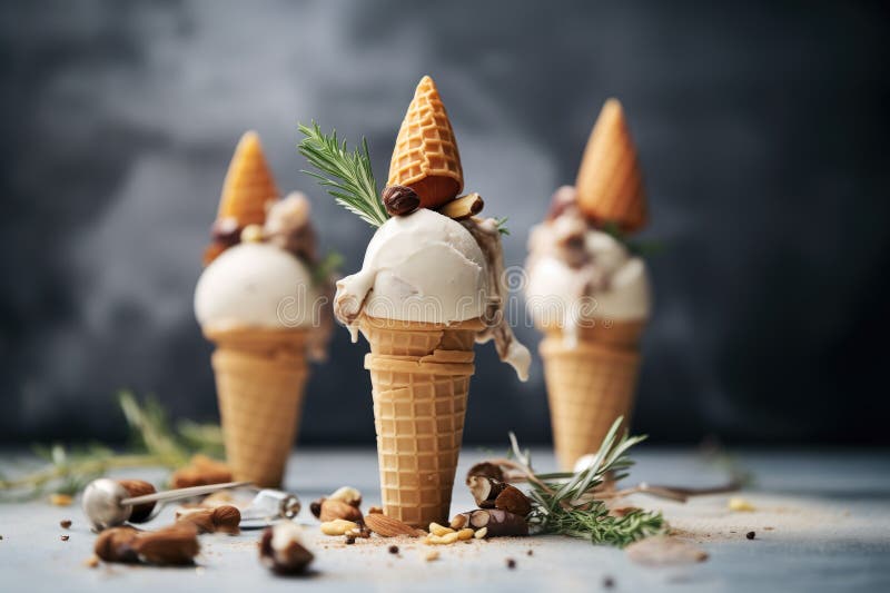 Nut Milk Ice Cream Scoops with Cone and Nuts on Top Stock Image - Image ...