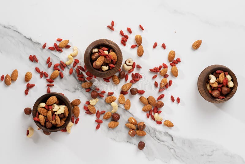 Nut Mixture in Wooden Bowls Stock Image - Image of mixture, delicious ...