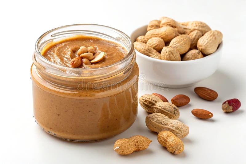 Nut Paste in Glass Jar with Peanuts Isolated on Transparent Background ...