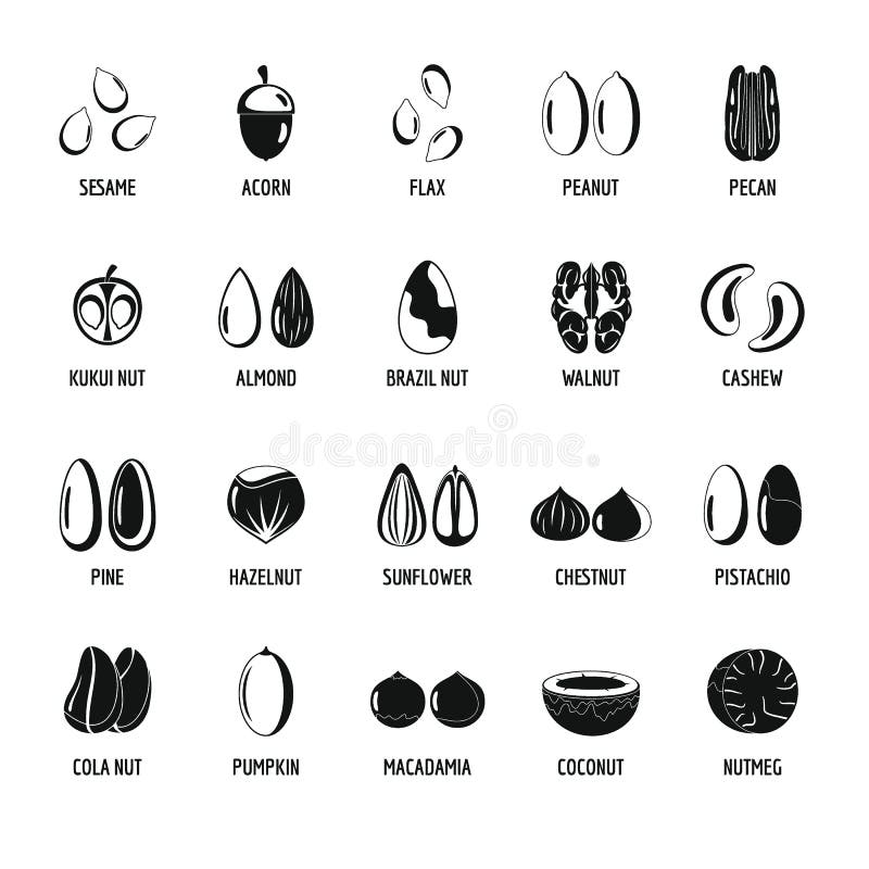 Nut Types with Signed Names Icons Set Simple Style Stock Vector ...